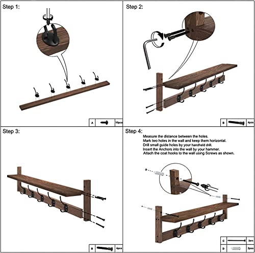 AMBIRD Wall Hooks with Shelf 28.9 Inch Length Entryway Wall Hanging Shelf Wood Coat Hooks for Wall with Shelf Wall-Mounted Coat Hook Rack with 5 Dual Hooks for Bathroom, Living Room, Bedroom (Brown)