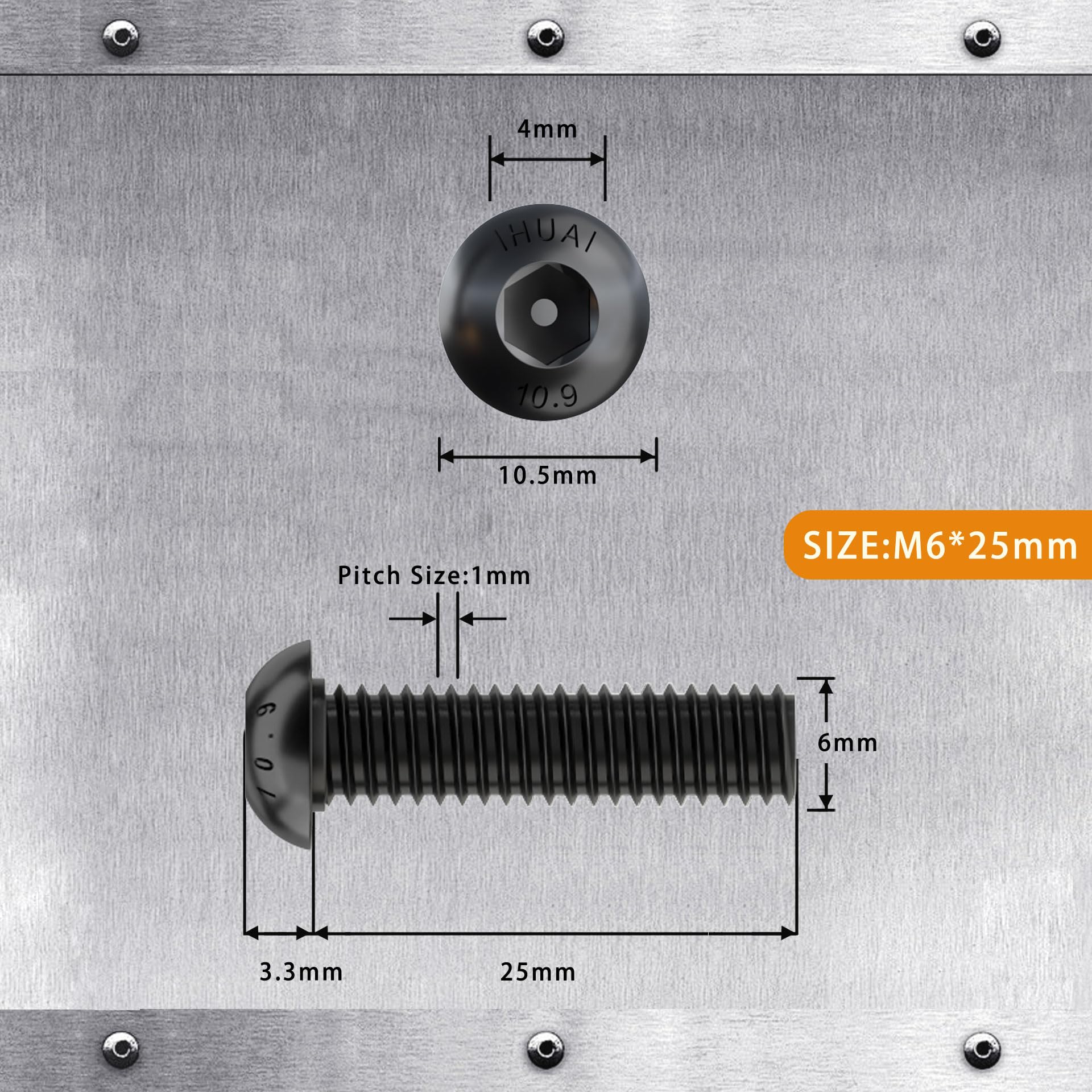 Cicidorai M6-1.0 x 25mm Button Head Socket Cap Bolts Screws, 10.9 Grade Alloy Steel, Black Oxide Finish, Machine Thread, Allen Socket Drive, Quantity 25