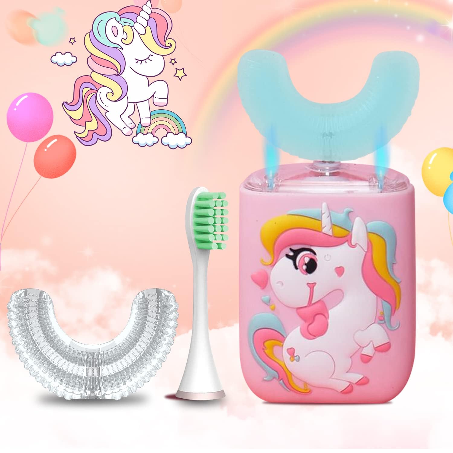 RZM Kids Automatic Sonic Toothbrush- 2 Ergonomic U-Shaped Toothbrush and 1 Regular Brush Head, Six Modes for 360° Sensitive Oral Tooth Cleaning(Pink Unicorn)