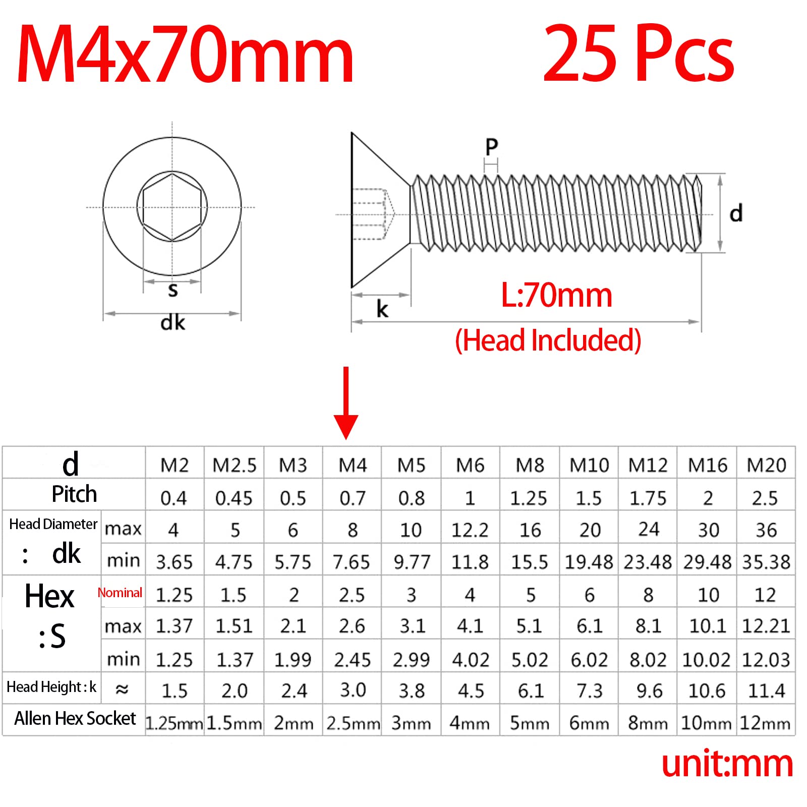 M4-0.7 x 70mm Flat Head Socket Cap Screws Bolts, Stainless Steel 18-8 (304), Bright Finish, Allen Socket Drive,Machine Screws Inner Hex Screw Fasteners Bolts 25 Pcs
