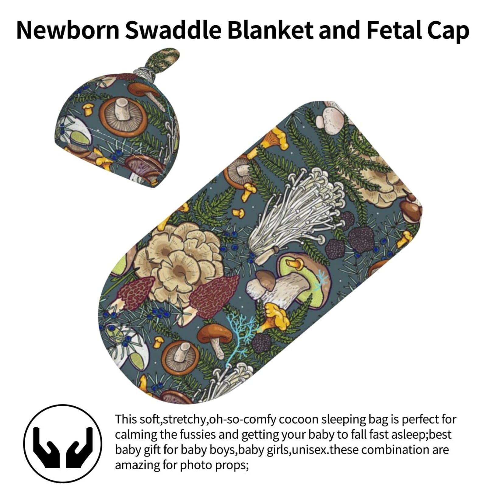 Mushroom Baby Stuff Newborn Swaddle Blanket Cute Baby Swaddle Blankets Soft Stretchy Sleep Sack with Beanie Hat Gifts for Boy Girl