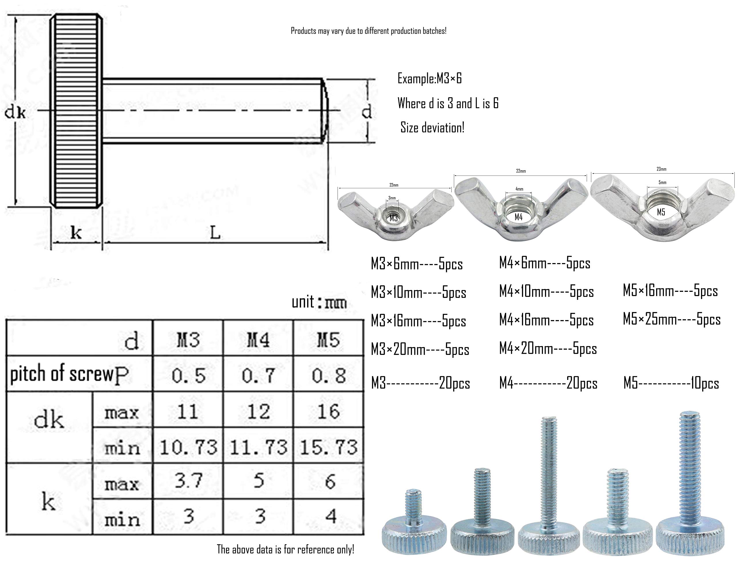 LBY 100pcs Knurled Hand Screw, M3/M4/M5 Knurled Head Fully Threaded Thumb Screws (Single Layer Step) and Wing Nuts 13 Kinds Assortment Kit, Carbon Steel Galvanized