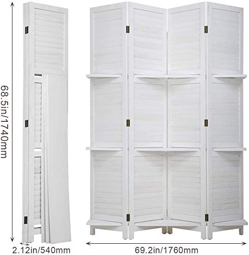Room Dividers and Folding Privacy Screens 4 Panel 69 Inch Tall Portable Room Seperating Divider w/ 3 Display Shelves Solid Wood Room Partitions and Dividers Freestanding for Home, Office, Restaurant