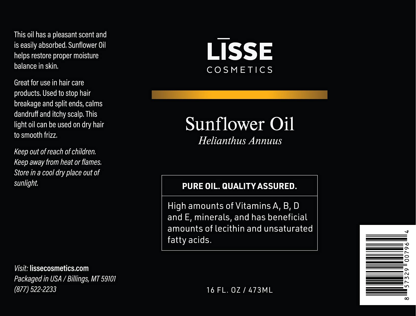 Lisse 100% Pure Sunflower Oil - Batch Tested and Third Party Verified - For All Skin Types (16oz)