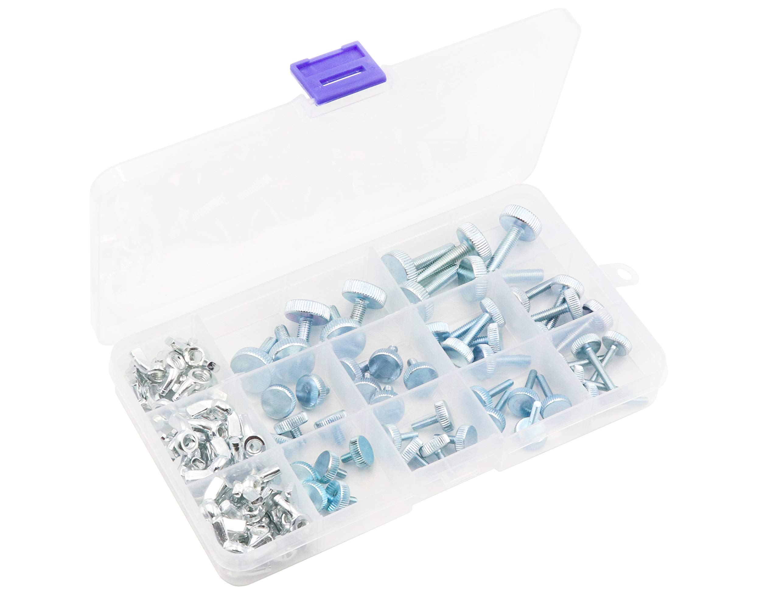 LBY 100pcs Knurled Hand Screw, M3/M4/M5 Knurled Head Fully Threaded Thumb Screws (Single Layer Step) and Wing Nuts 13 Kinds Assortment Kit, Carbon Steel Galvanized