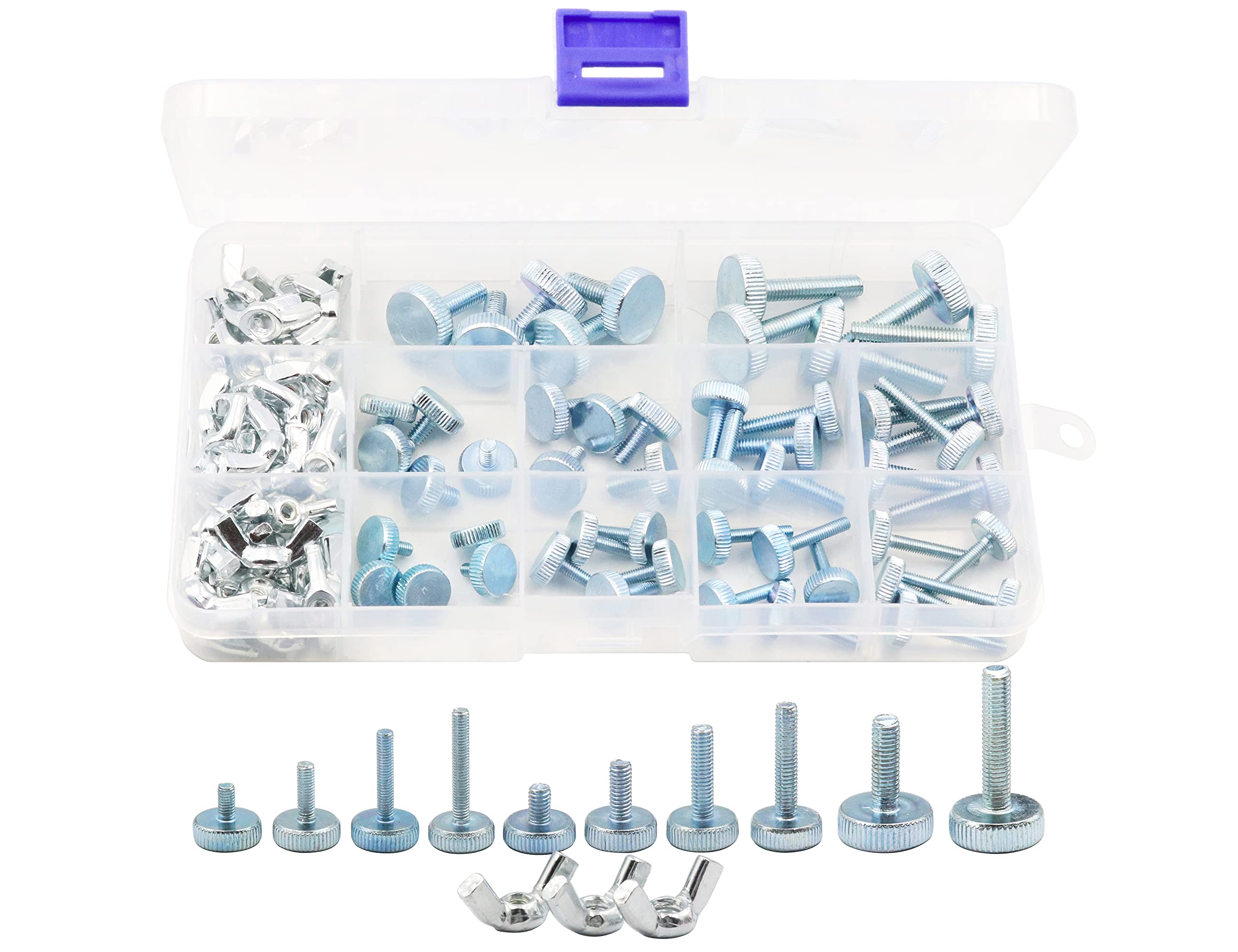 LBY 100pcs Knurled Hand Screw, M3/M4/M5 Knurled Head Fully Threaded Thumb Screws (Single Layer Step) and Wing Nuts 13 Kinds Assortment Kit, Carbon Steel Galvanized