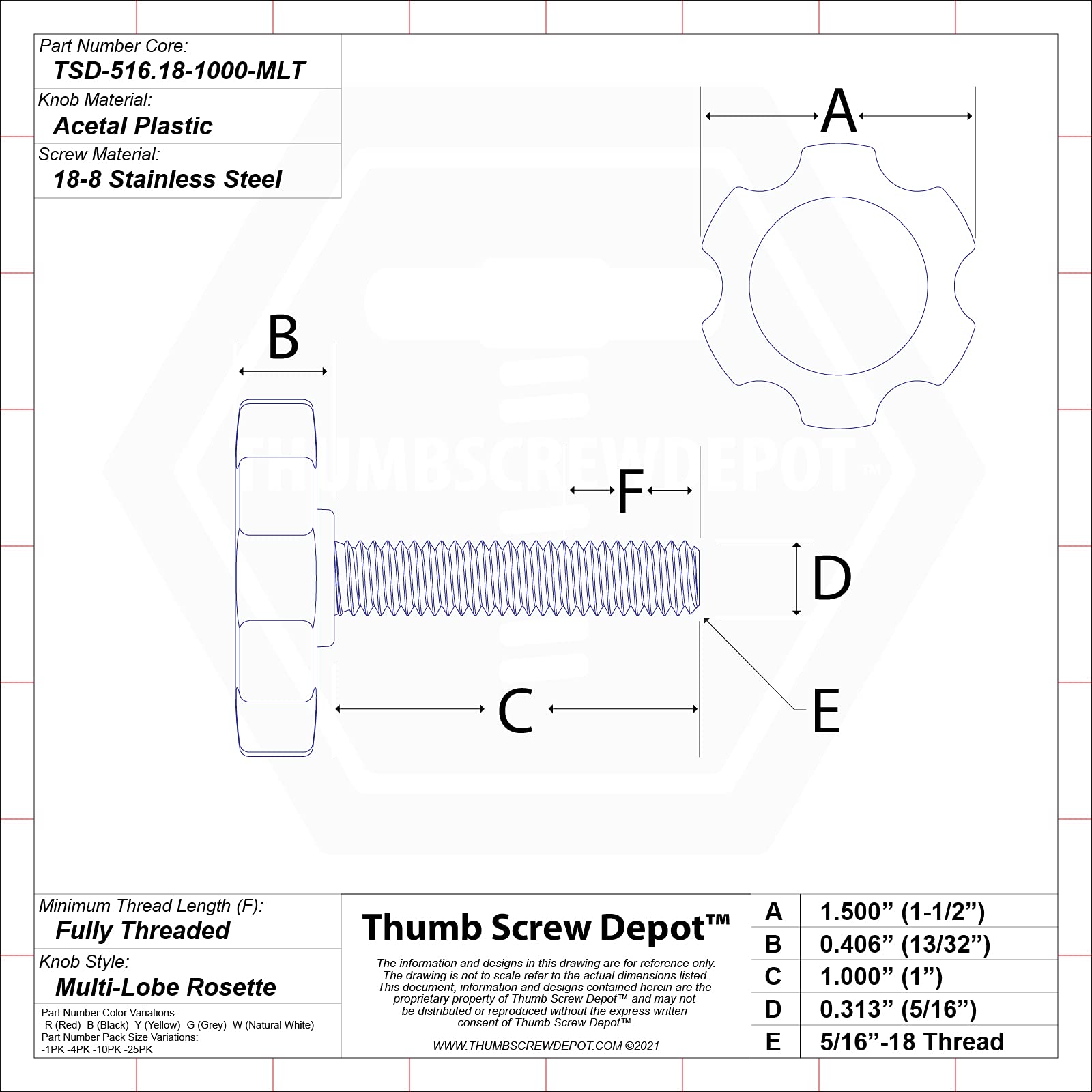 5/16"-18 x 1 Thumb Screw Stainless Steel - White Multi-Lobe Rosette Plastic Knob - Standard/Coarse Thread Thumbscrew - Length: 1.000" - Proudly Built in USA - Package of (10)