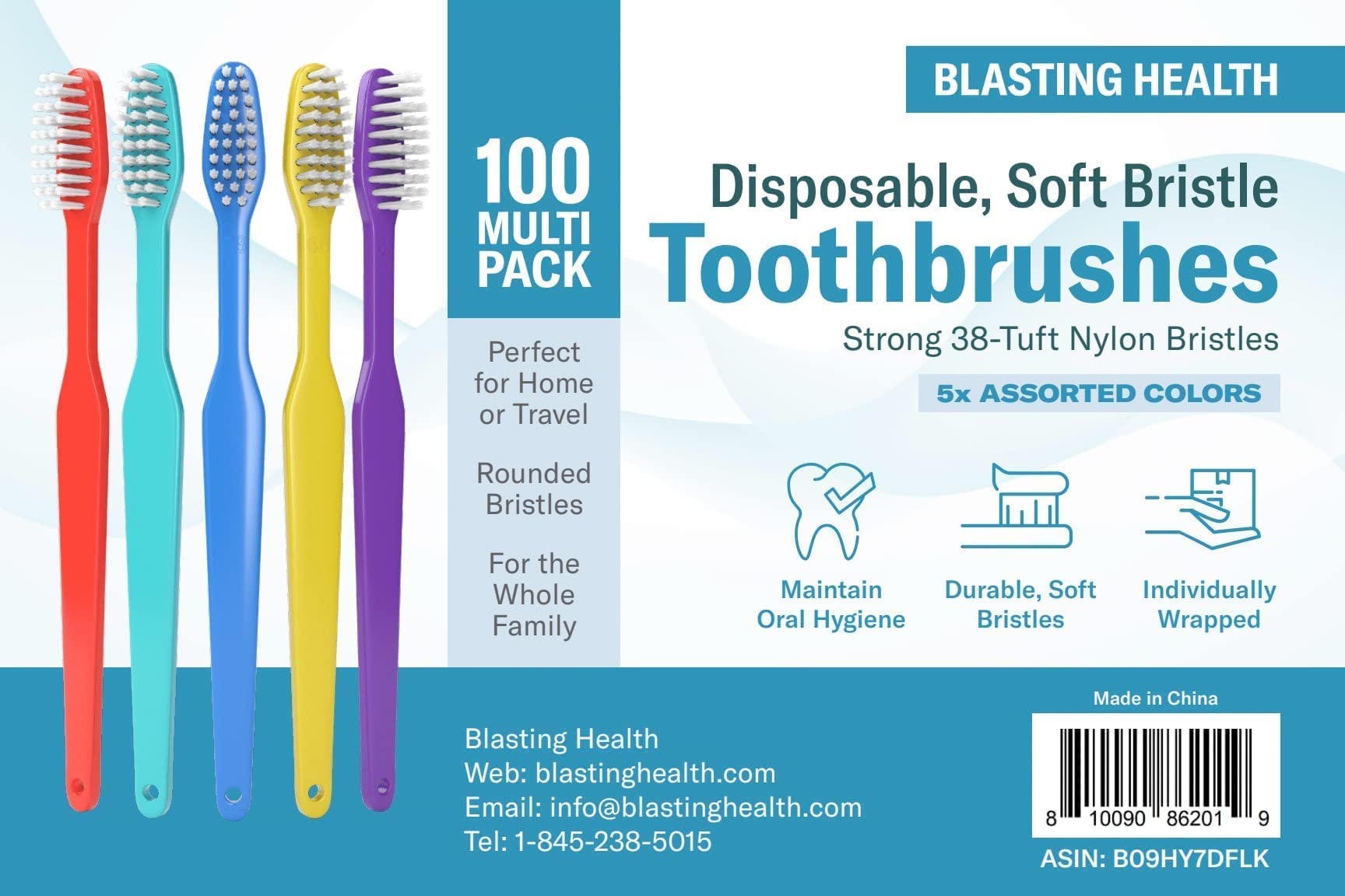 Blasting Health 100 Pack Disposable Medium Soft Bristles Bulk Toothbrushes - Individually Wrapped (Plain)