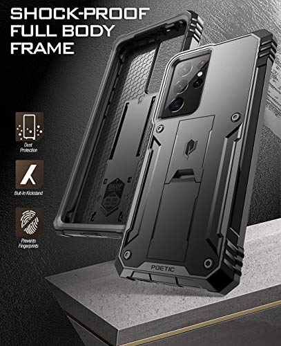 Poetic Revolution Case for Samsung Galaxy S21 Ultra 5G 6.8 inch, Built-in Screen Protector Work with Fingerprint ID, Full Body Rugged Shockproof Protective Cover Case with Kickstand, Black