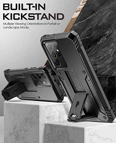 Poetic Revolution Case for Samsung Galaxy S21 Ultra 5G 6.8 inch, Built-in Screen Protector Work with Fingerprint ID, Full Body Rugged Shockproof Protective Cover Case with Kickstand, Black
