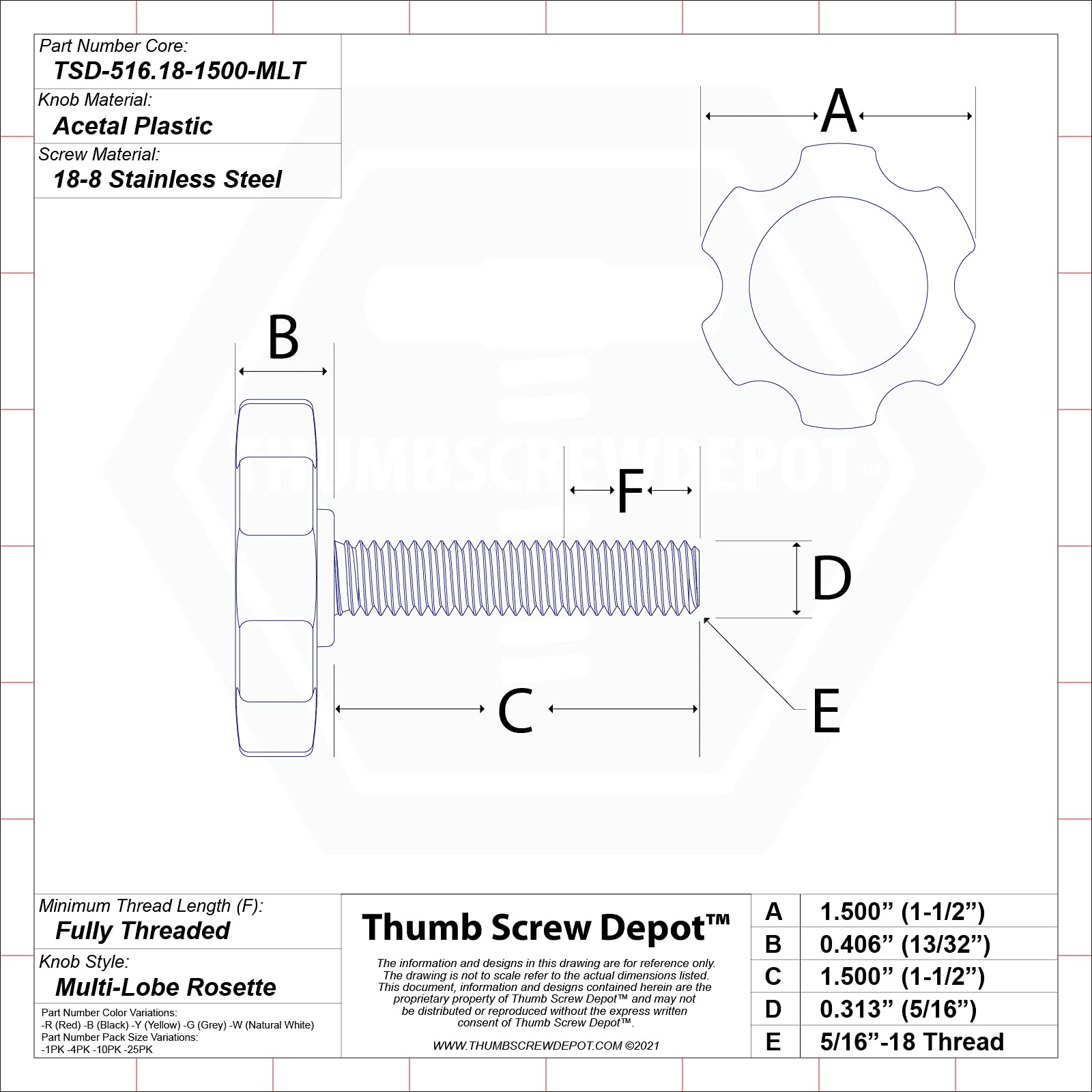 5/16"-18 x 1-1/2" Thumb Screw Stainless Steel - Yellow Multi-Lobe Rosette Plastic Knob - Standard/Coarse Thread Thumbscrew - Length: 1.500" - Proudly Built in USA - Package of (4)