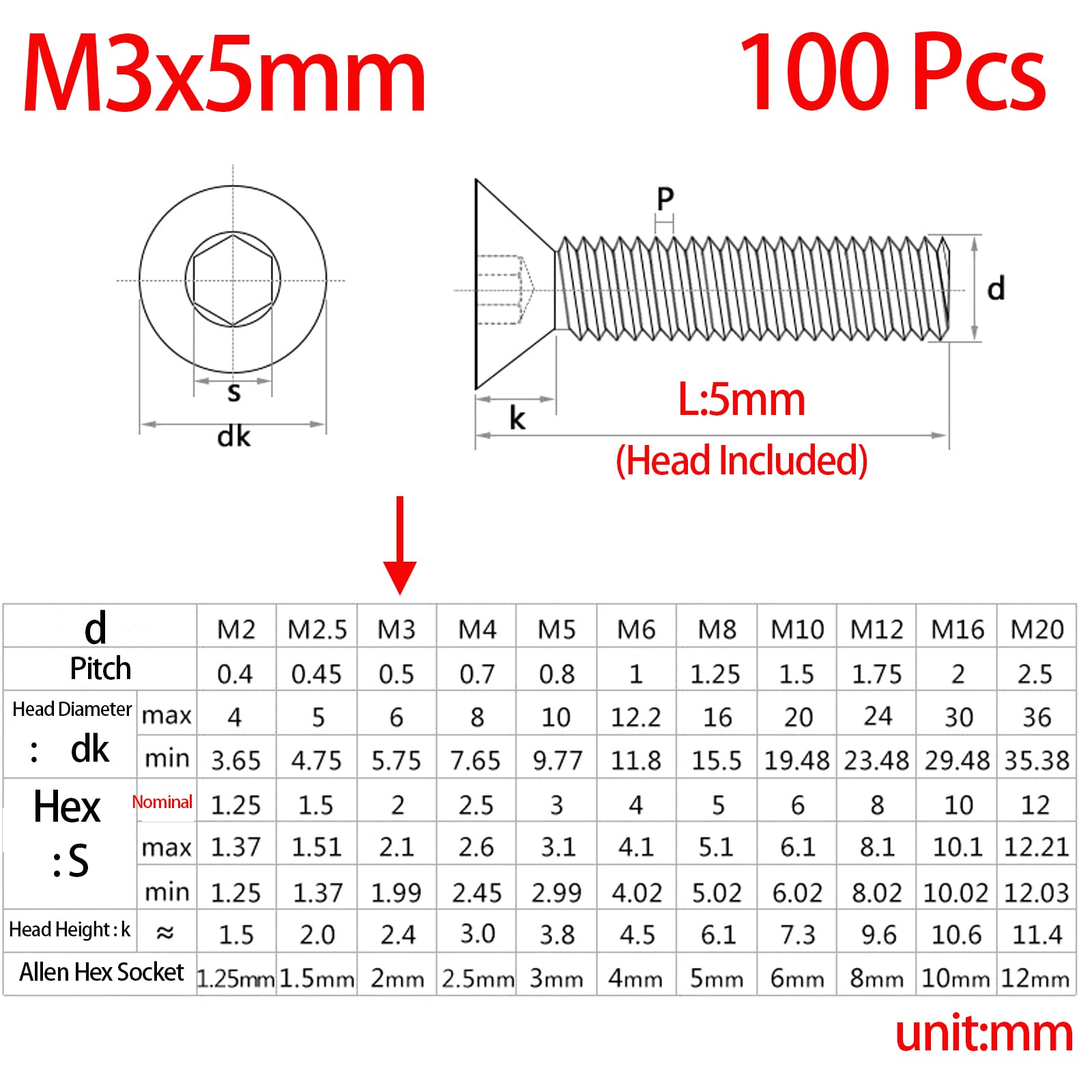 M3-0.5 x 5mm Flat Head Socket Cap Screws Bolts, Stainless Steel 18-8 (304), Bright Finish, Allen Socket Drive,Machine Screws Inner Hex Screw Fasteners Bolts 100 Pcs