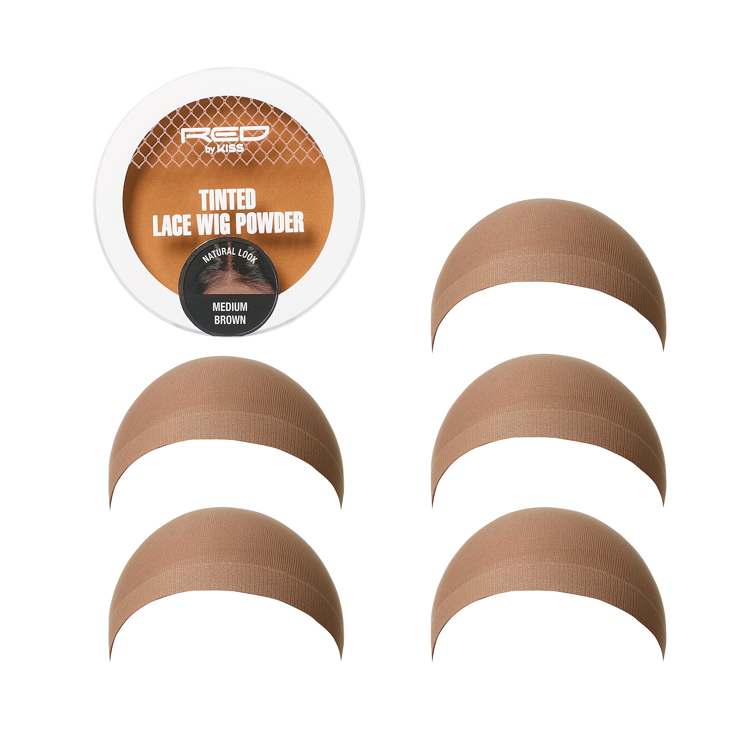 KISS NEW YORK Stocking Wig Cap 5 PCS (Natural Brown) with Lace Wig Powder Tinted (Medium Brown)