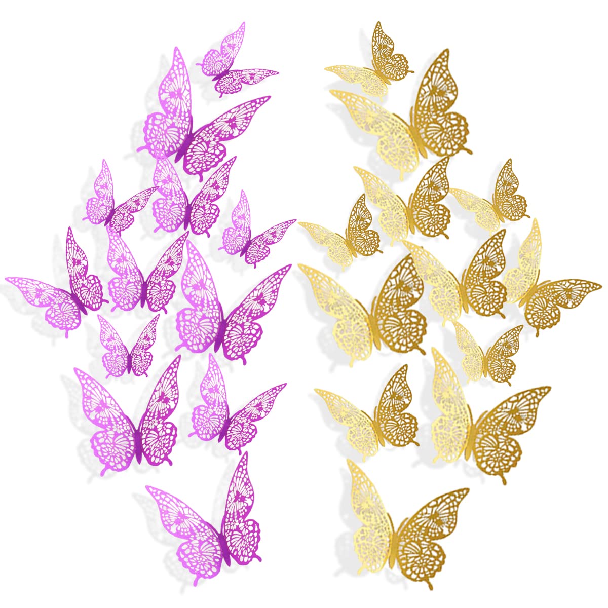 3D Purple Gold Butterfly Wall Stickers, 24 PCS 3 Sizes Butterfly Wall Decals, Removable Metallic Gold Wall Sticker Room Mural for Paper Art Party Cupcake Kids Bedroom Classroom Wedding Balloon Decors