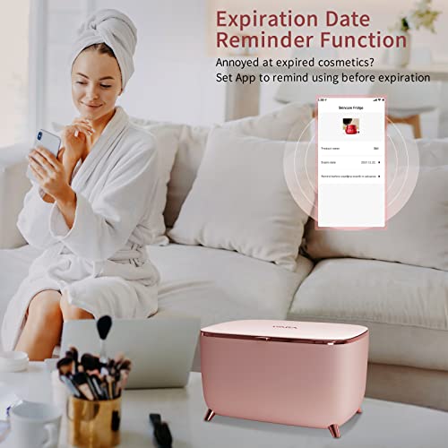 LVARA Smart Mini Skincare Fridge, 9 Liter Portable for Beauty, Makeup, Cosmetic Refrigerator with ‘Smart Life’ App for Bedroom Desktop, Gift for women, Pink