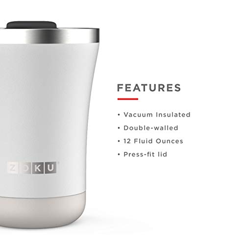 Zoku 12oz Powder Coated Tumbler, White | Premium Stainless Steel and Vacuum Insulated | Special Rotating Lid Designed for Sipping and Straw Use