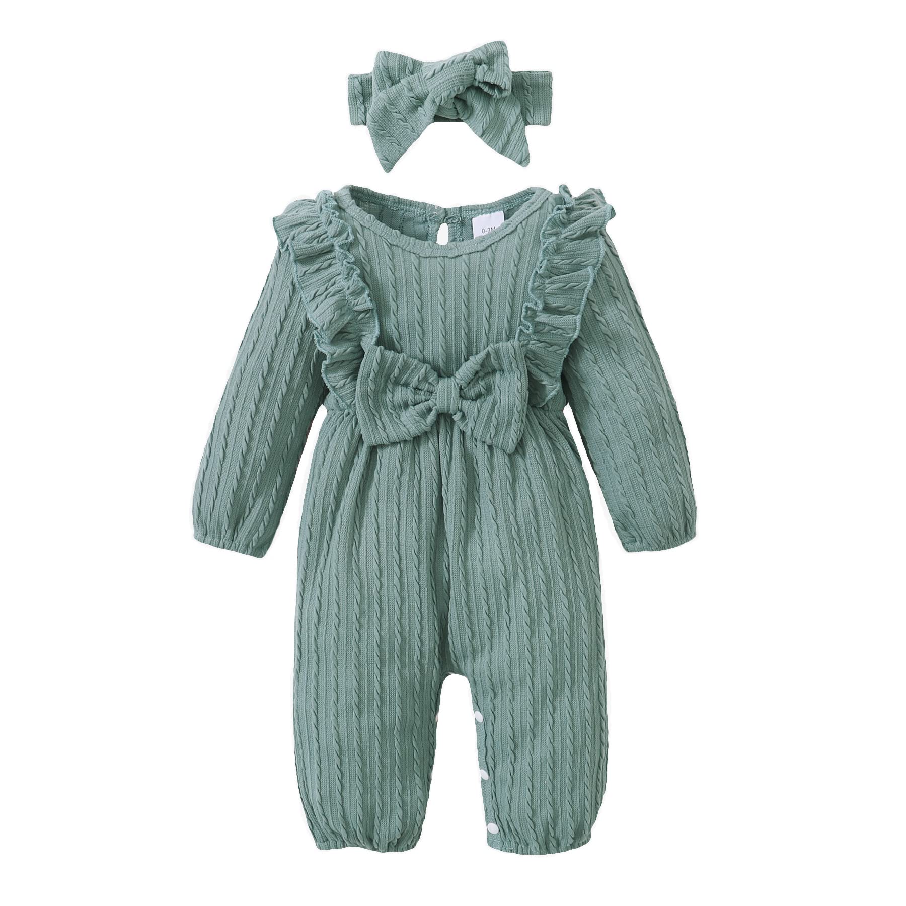 Happy Town Baby Girl Romper Infant Fall Winter Clothes Ruffle Sweater Long Sleeve Bodysuit Jumpsuit and Headband (Green, 0-3 Months)