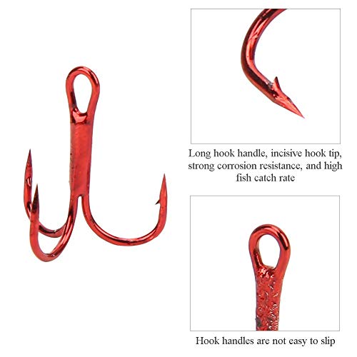 VGEBY Fishing Hooks Treble Hooks Kit 100pcs Red High Carbon Steel Strong Sharp Round Bend Fishhook Fishing Accessories(8#) Fish Hook Supplies