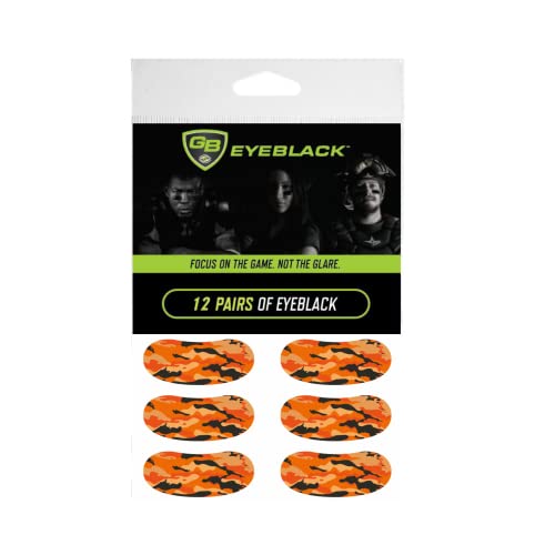 GB Eyeblack - 12 Pairs Peel & Stick Athletic Eyeblack Glare Blockers Colored Camo Orange Eye Black Strips (Orange Camo)