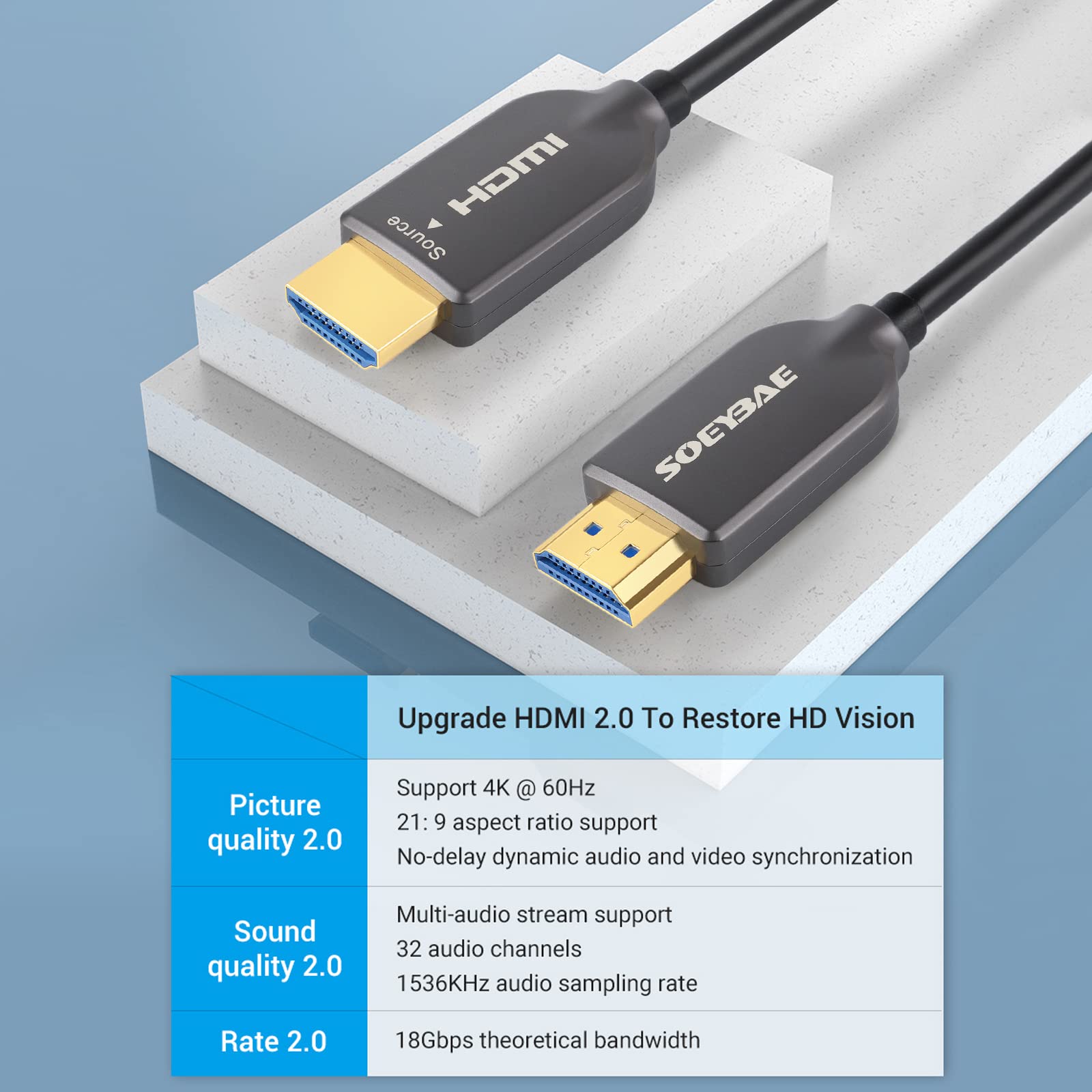 SOEYBAE 4K Fiber Optic HDMI Cable 100ft/30m,HDMI Cable 2.0 Supports 4K@60Hz, 18Gbps,4:4:4,ARC, 3D,for TV LCD Laptop PS3 PS4