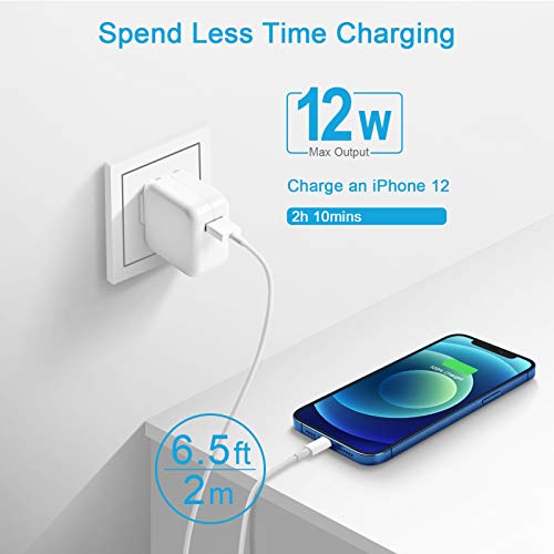 iPad Charger iPhone Charger【Apple MFi Certified】 12W USB Wall Charger Foldable Portable Travel Plug with 2-Pack USB to Lightning Cable(6 Ft) Compatible with iPhone, iPad, iPad Mini, iPad Air, Airpods