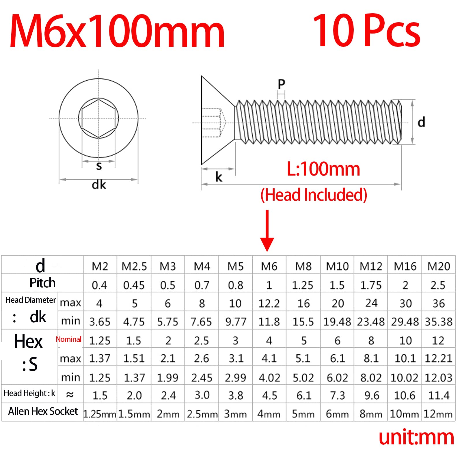 M6-1.0 x 100mm Flat Head Socket Cap Screws Bolts, Stainless Steel 18-8 (304), Bright Finish, Allen Socket Drive,Machine Screws Inner Hex Screw Fasteners Bolts 10 Pcs
