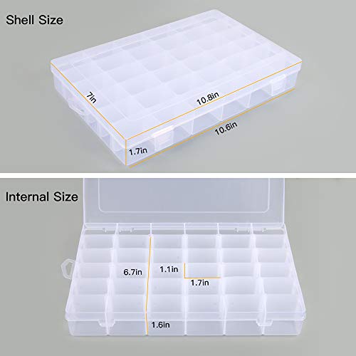VIUJUH 36 Grids Clear Plastic Bead Organizer Jewelry Storage Box for Bead Storage, Felt Board Letters, Fishing Tackle, Loom Bands, Craft, Rock Collection with Adjustable Dividers (4 Packs)