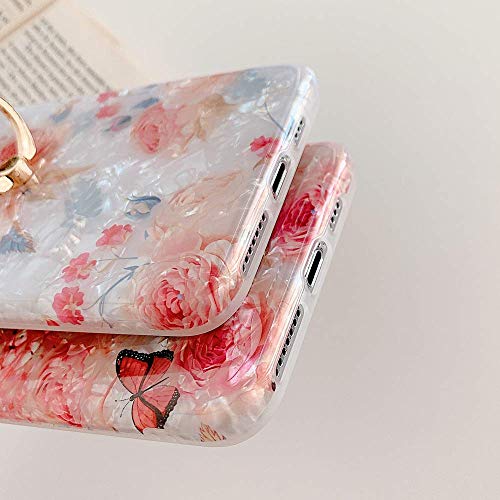 Qokey for iPhone 8 Plus Case,iPhone 7 Plus Case 5.5 inch Flower Cute Stand Cover for Women Girls 360 Degree Rotating Ring Stand Kickstand Soft TPU Shockproof Rose Butterfly