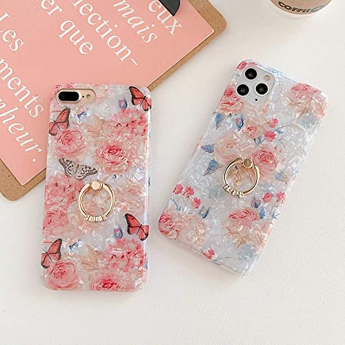 Qokey for iPhone 8 Plus Case,iPhone 7 Plus Case 5.5 inch Flower Cute Stand Cover for Women Girls 360 Degree Rotating Ring Stand Kickstand Soft TPU Shockproof Rose Butterfly