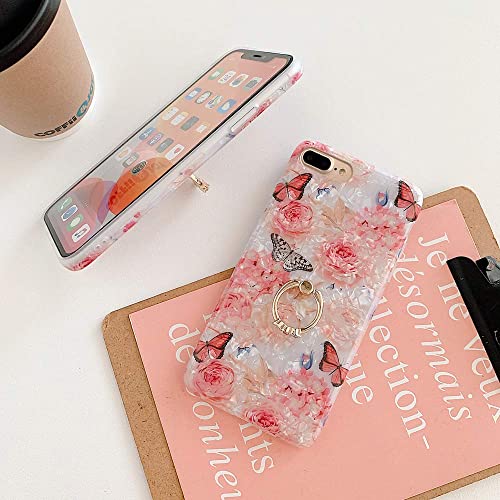 Qokey for iPhone 8 Plus Case,iPhone 7 Plus Case 5.5 inch Flower Cute Stand Cover for Women Girls 360 Degree Rotating Ring Stand Kickstand Soft TPU Shockproof Rose Butterfly