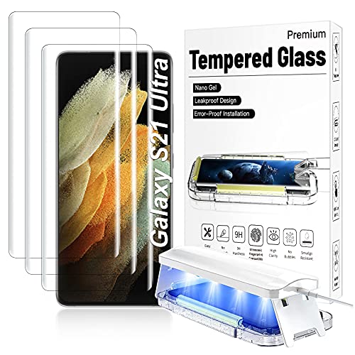 Ni-SHEN 3 Pack【Auto Alignment】 S21 Ultra Glass Screen Protector 3D Curved Tempered Glass Shield Support Fingerprint Unlocking, Scratch & Impact Protection, Full HD Clear & Smooth Touch (transparent)
