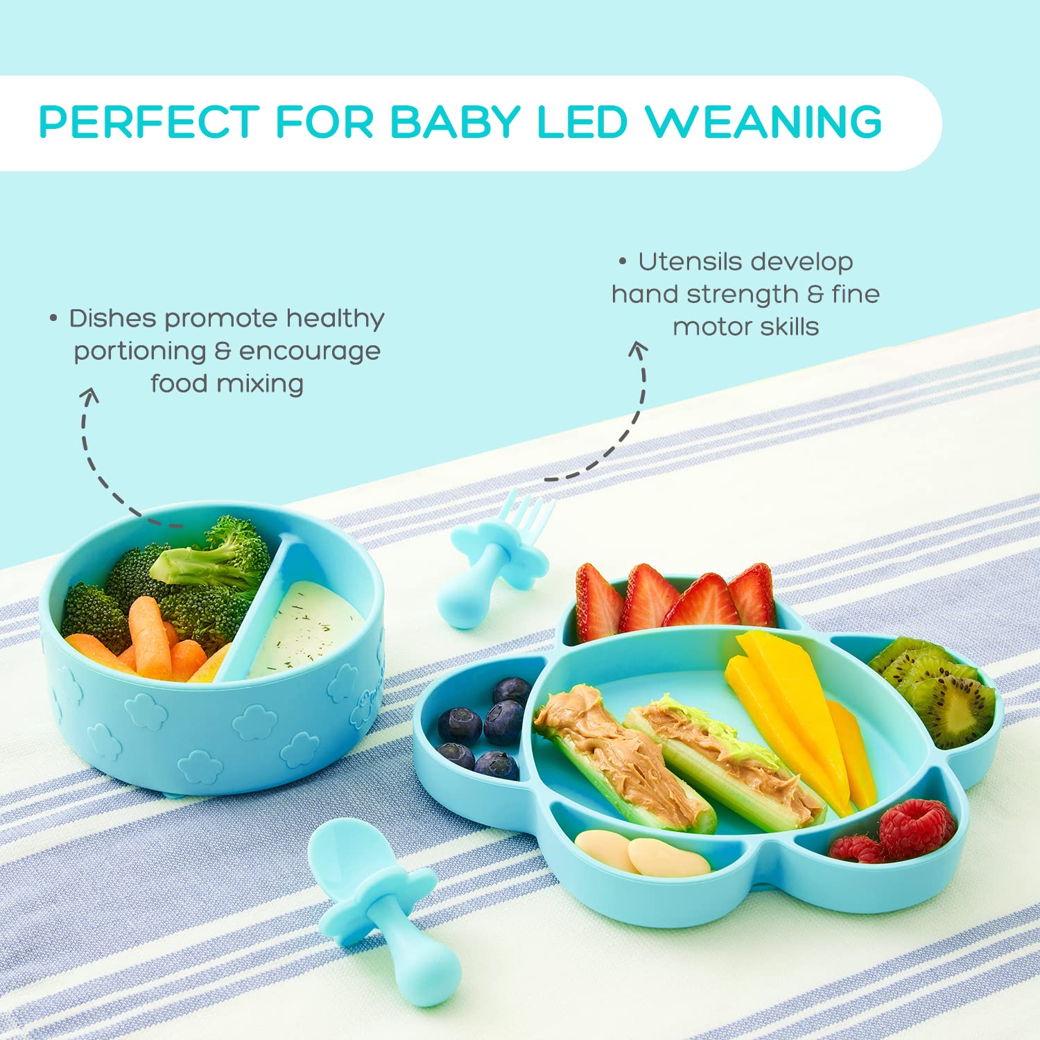 Grabease Silicone Baby Feeding Set - Essential Baby Feeding Supplies for Portion Control and Baby-Led Weaning - Suction Bottoms 4 Piece Set, BPA and Phthalates-Free, Teal