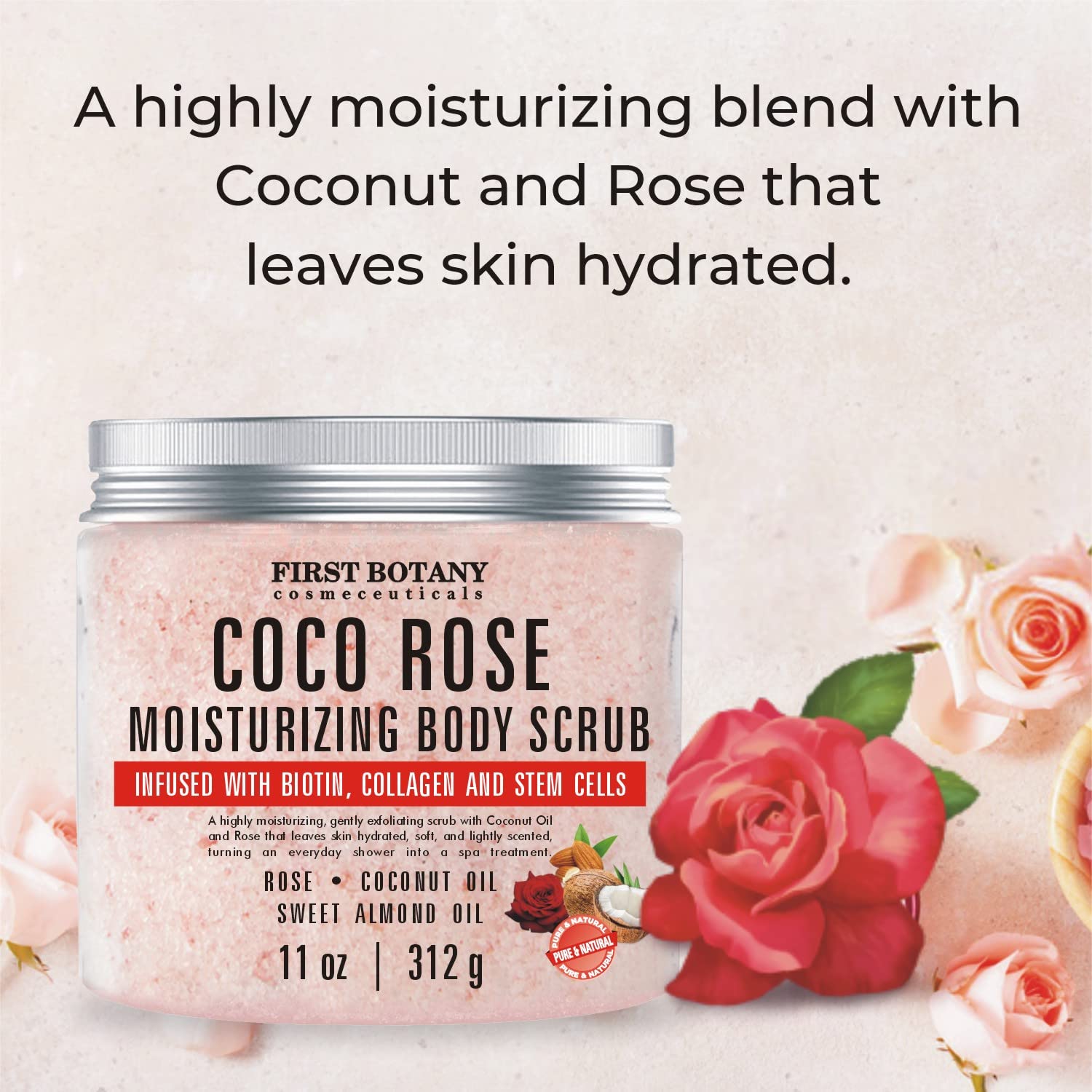 First Botany, Coconut Rose Body Scrub Exfoliator with Biotin, Collagen Stem Cells, Natural Exfoliating Salt Scrub Body & Face Souffle help Moisturizing Skin Acne, Cellulite, Skin Scar, Wrinkles 11 oz