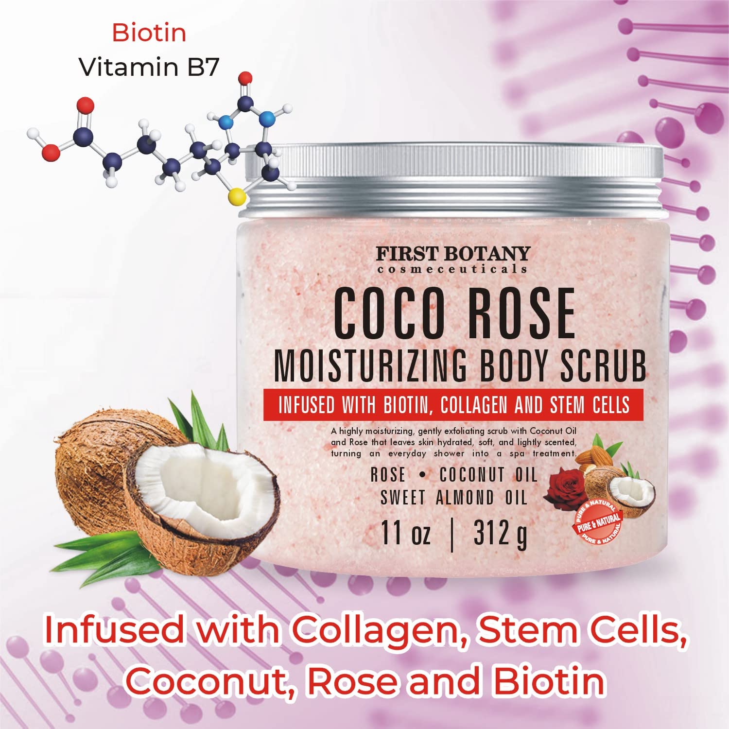 First Botany, Coconut Rose Body Scrub Exfoliator with Biotin, Collagen Stem Cells, Natural Exfoliating Salt Scrub Body & Face Souffle help Moisturizing Skin Acne, Cellulite, Skin Scar, Wrinkles 11 oz