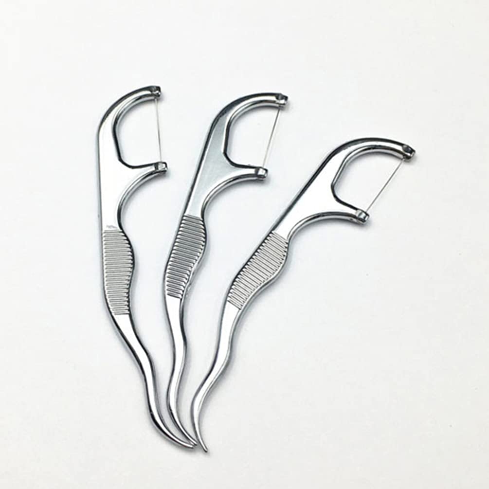 HEMOTON 6pcs Dental Floss Pick Portable Angled Flossers Stainless Steel Toothpicks Outdoor Teeth Cleaning Tools for Travel Teeth Care