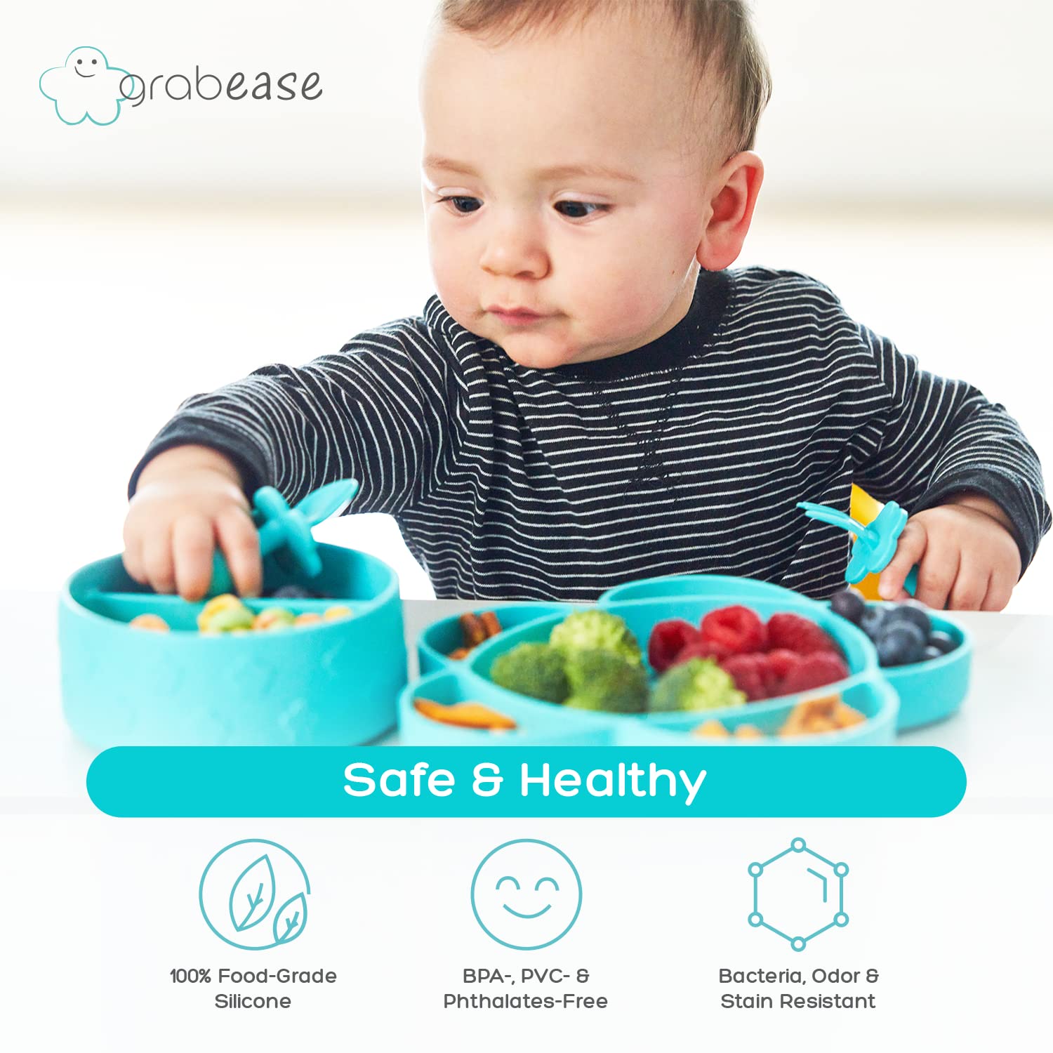 Grabease Silicone Baby Feeding Set - Essential Baby Feeding Supplies for Portion Control and Baby-Led Weaning - Suction Bottoms 4 Piece Set, BPA and Phthalates-Free, Teal