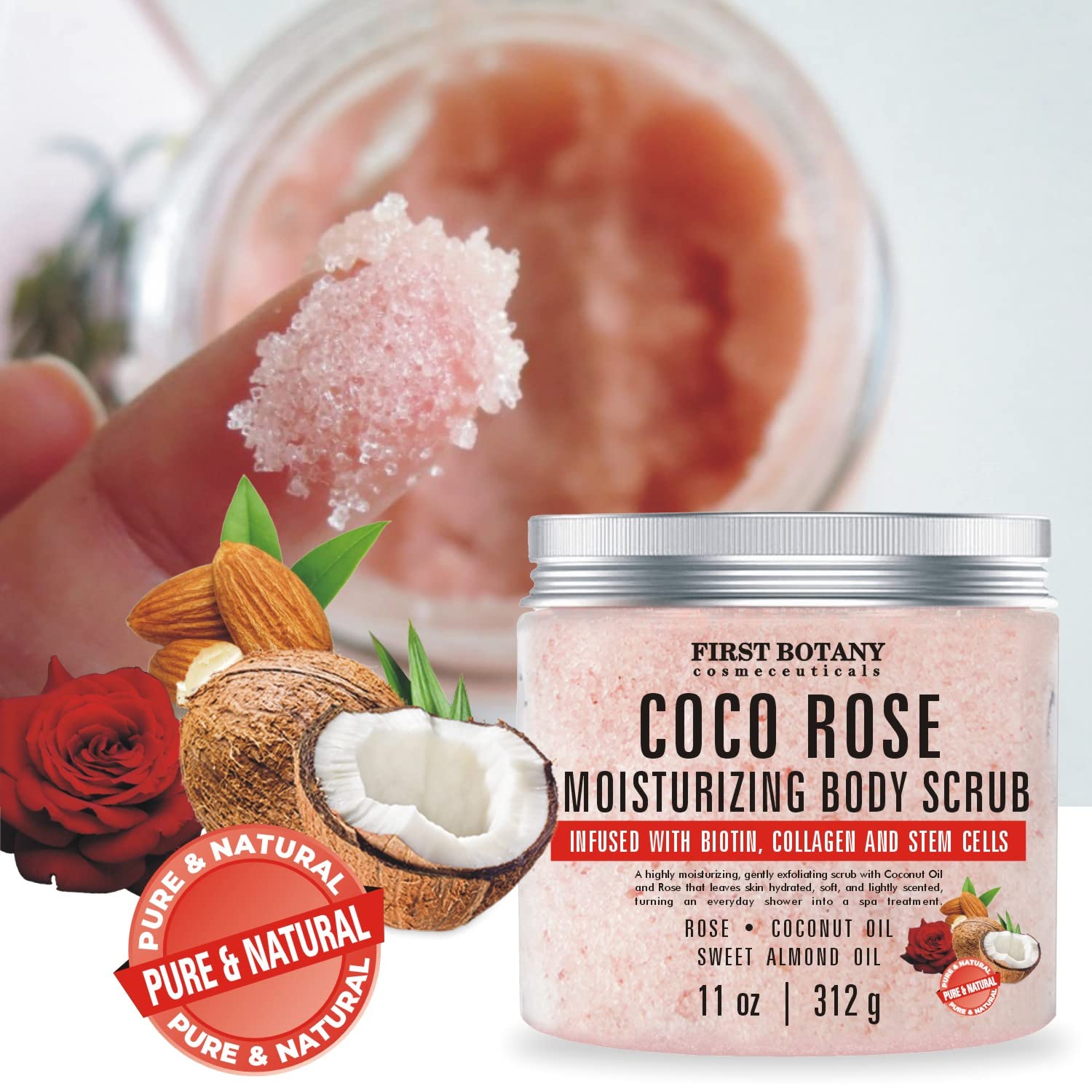 First Botany, Coconut Rose Body Scrub Exfoliator with Biotin, Collagen Stem Cells, Natural Exfoliating Salt Scrub Body & Face Souffle help Moisturizing Skin Acne, Cellulite, Skin Scar, Wrinkles 11 oz