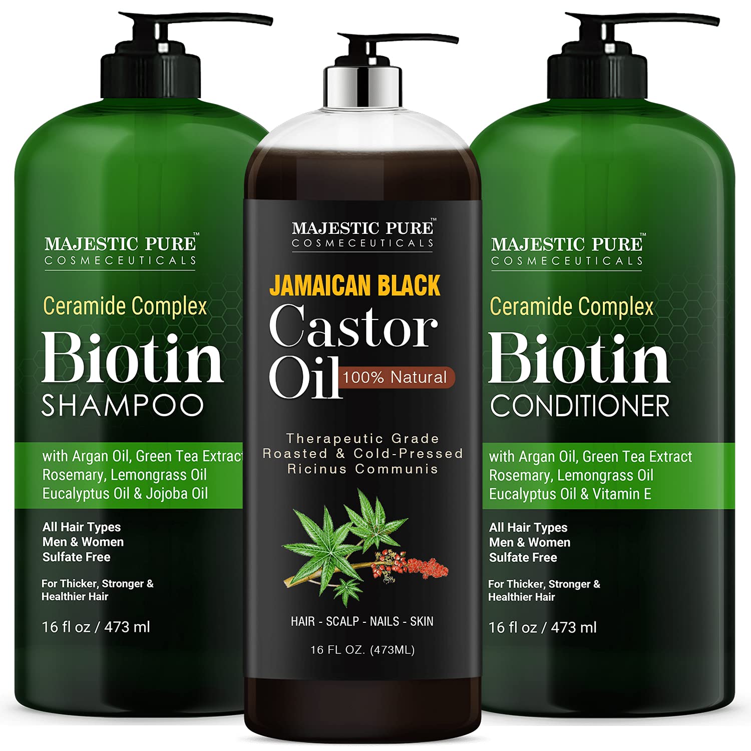 Majestic Pure Jamaican Black Castor Oil (16 oz) and Ceramide Complex Shampoo & Conditioner Set (16 oz x 2) Bundle