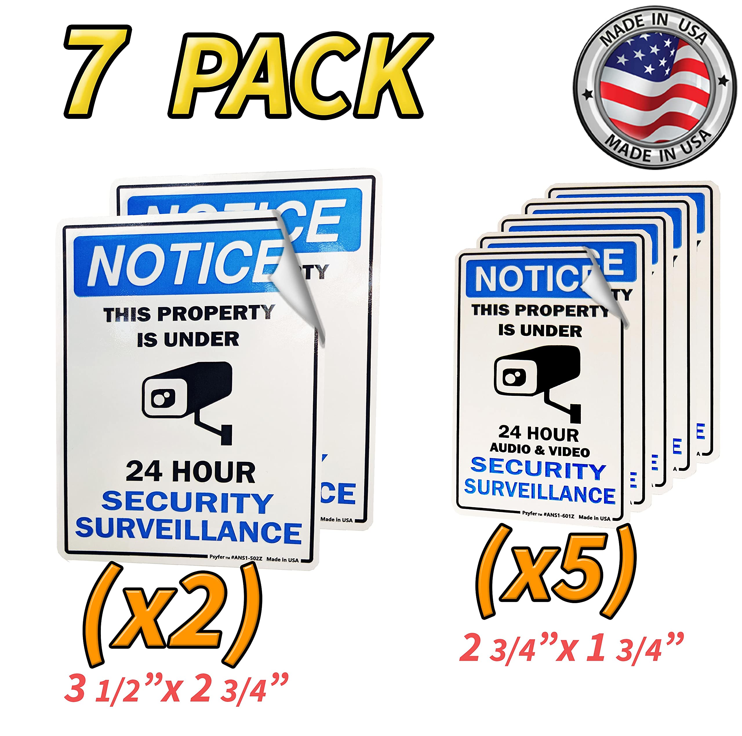 Psyfer® (Fade-Free) 7 Pack - Security Camera Stickers (SMALL) Audio & Video Monitoring Notice [Made in USA]