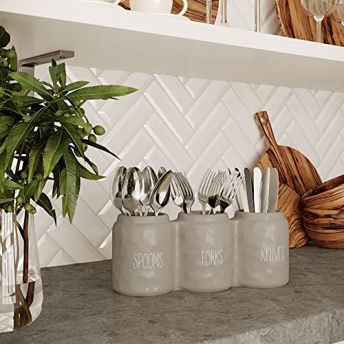 Barnyard Designs Silverware Caddy for Countertop - Cutlery Organizer for Spoon, Fork, and Knife - Ceramic Utensil Holder for Flatware or Plasticware - Perfect for Parties - 12.5β x 4.25β x 5