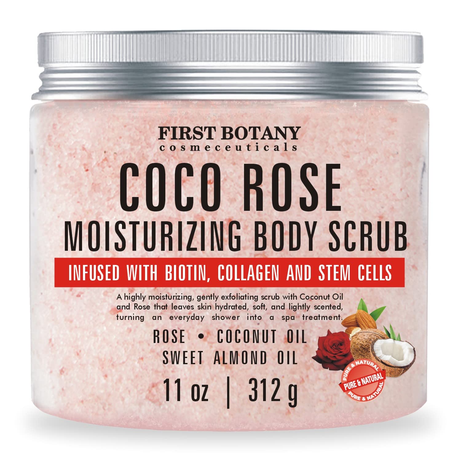 First Botany, Coconut Rose Body Scrub Exfoliator with Biotin, Collagen Stem Cells, Natural Exfoliating Salt Scrub Body & Face Souffle help Moisturizing Skin Acne, Cellulite, Skin Scar, Wrinkles 11 oz