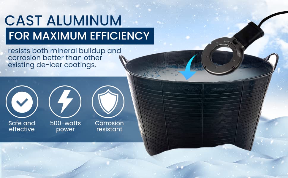 SLASHCOOL Upgraded 500-Watt De-Icer - Submergible Cast Aluminum Utility De-Icer with Black Teflon Coating Film for Better Mineral Buildup and Corrosion Resistance