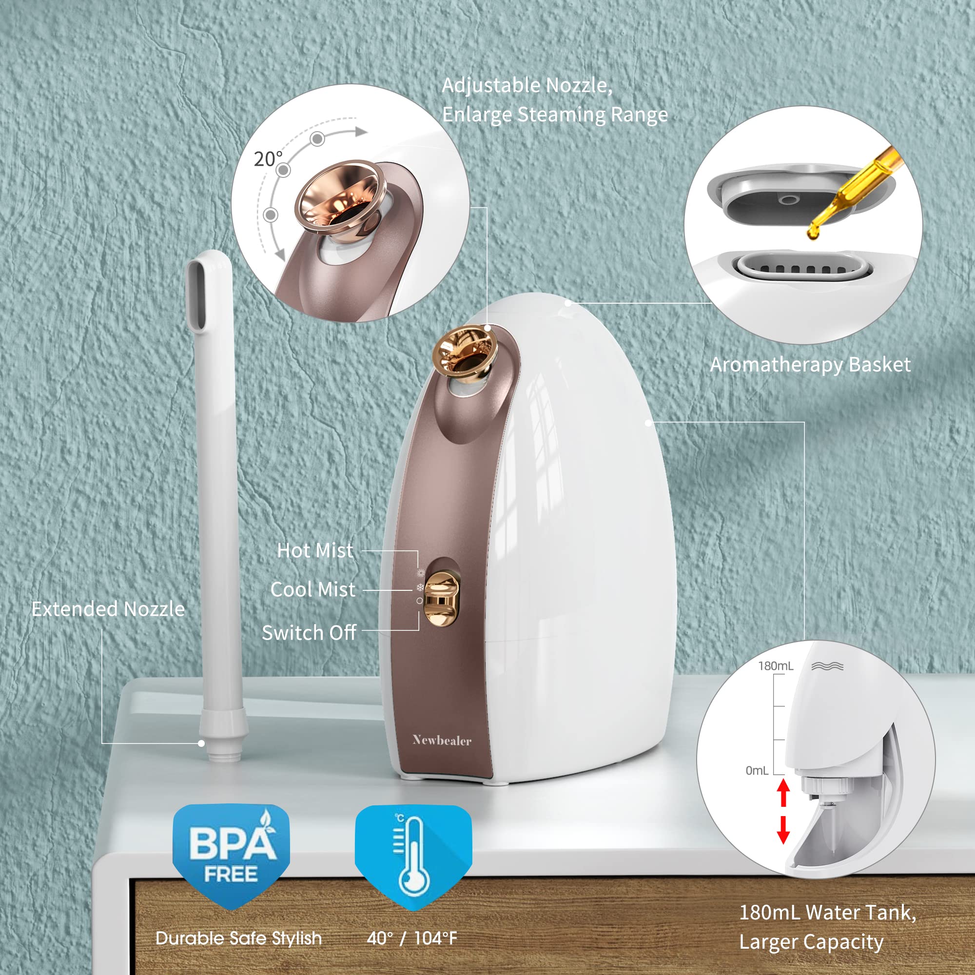 Newbealer Pro Facial Steamer, Hot & Cool Aromatherapy Nano Ionic Steamer with 360° Extended Nozzle, Face Moisturizing Deep Cleaning, Portable for Home Spa, 9-Piece Acne Set and Face Brush