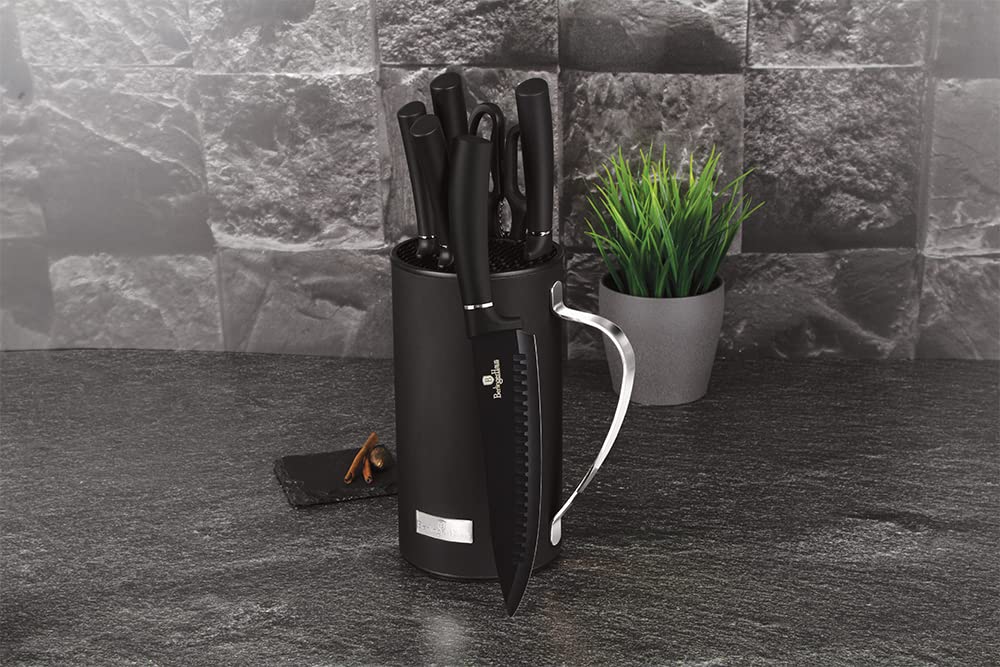 Berlinger Haus Kitchen Knife Set with Block, 7 Piece Knives Set for Kitchen, Elegant Design Cooking Knives with Kitchen Shears, Sharp Cutting Stainless Steel Chef Knife Set with Mobile Stand, Black