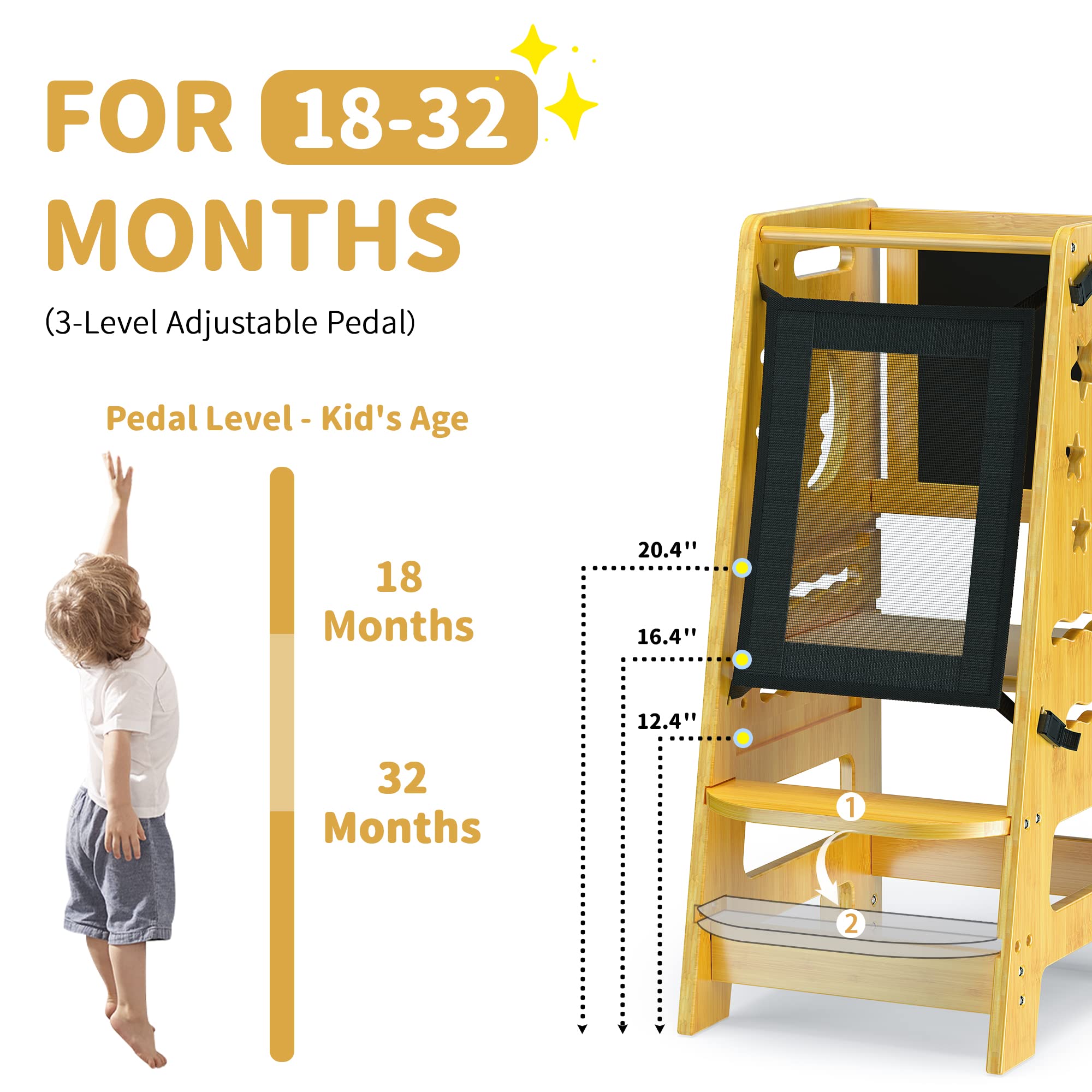 TOETOL Kids Kitchen Step Stool with Keeper Bamboo Toddler Child Standing Tower Helper Adjustable Height with Black and White Activity Board