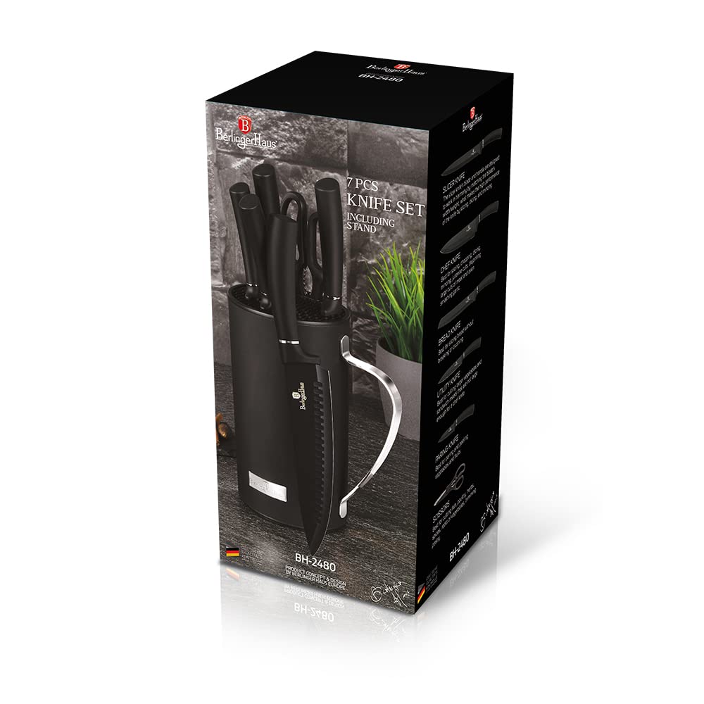 Berlinger Haus Kitchen Knife Set with Block, 7 Piece Knives Set for Kitchen, Elegant Design Cooking Knives with Kitchen Shears, Sharp Cutting Stainless Steel Chef Knife Set with Mobile Stand, Black