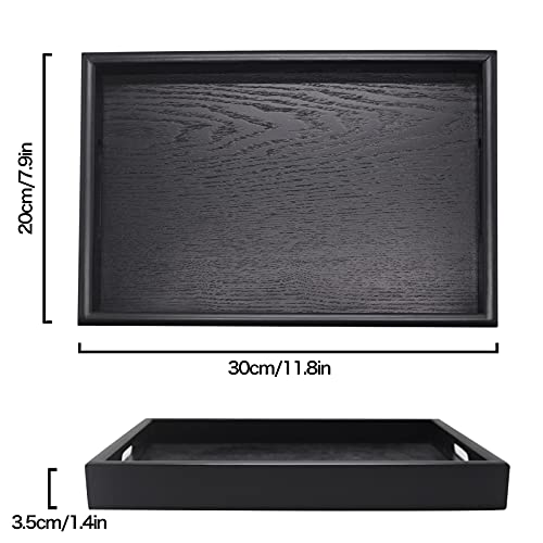 Solid Wood Serving Tray, Rectangle with Handle Hole Non-Slip Tea Coffee Snack Plate Food Meals Serving Tray with Raised Edges for Home Kitchen Restaurant(11.8x7.9x1.4, Black)