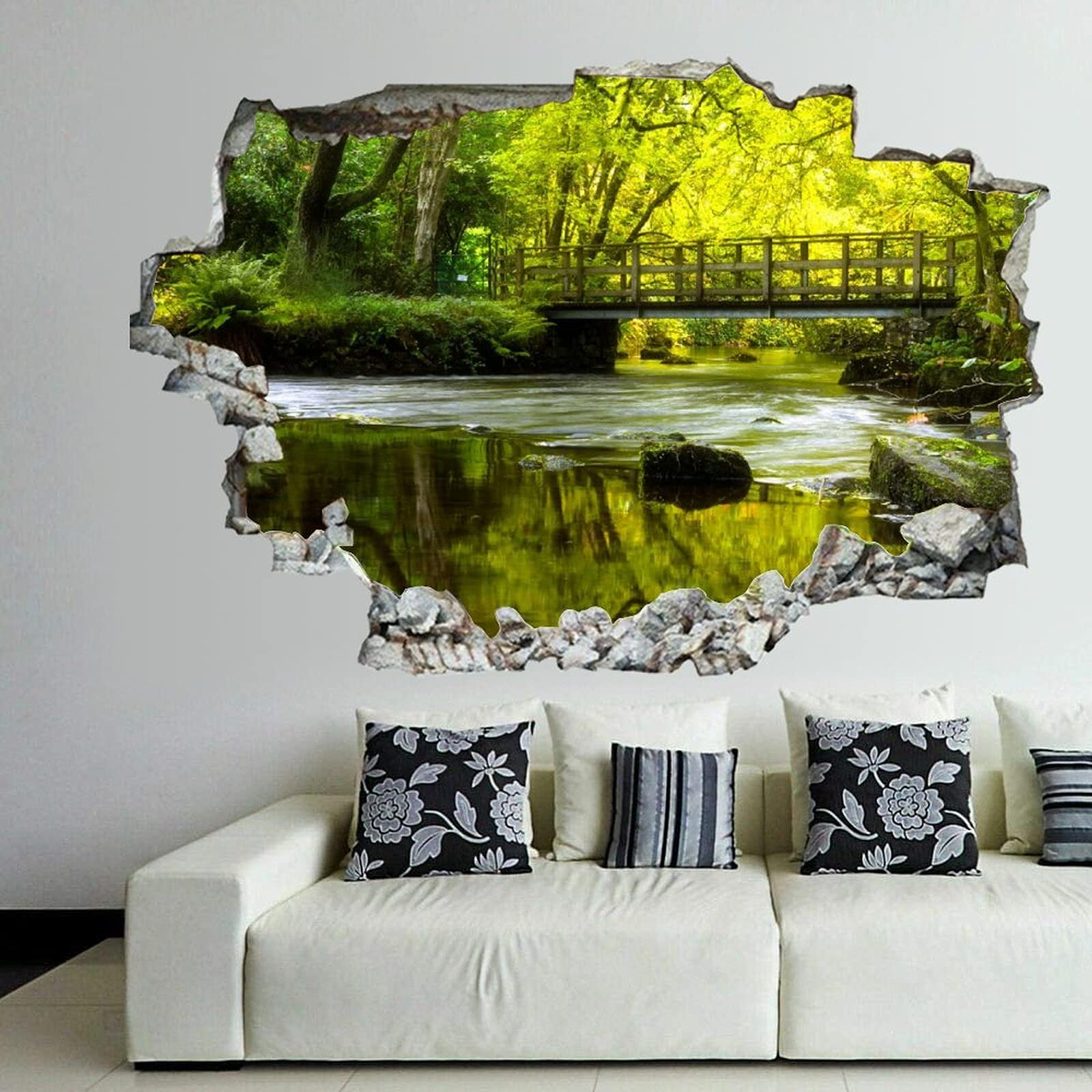Scotland Rivers Bridges Stones River Forth Moss Wall Decal Landscape 3D Break Through Wall Sticker Removable Funny Wall Art Decal Christmas Home Decor Vinyl Mural for Boy Kids Room Living Room