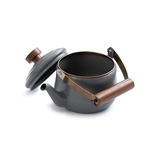 Barebones Enamel Teapot - Vintage Inspired Design - Baked Stainless Steel Rim - FSC Certified Natural Walnut handle Tea Kettle - 1.5 Liters, 6 Cups (Slate Gray)