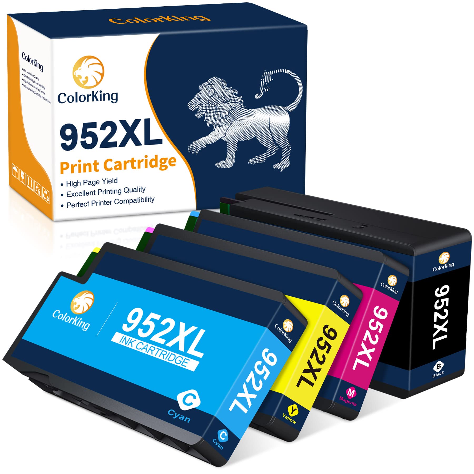 ColorKing Remanufactured 952 XL Ink Cartridges Replacement for HP 952XL Ink Cartridges Combo Pack for HP OfficeJet Pro 8710 8720 7740 7720 8210 8715 8725 8740 8702 Printer(Black,Cyan,Magenta,Yellow)